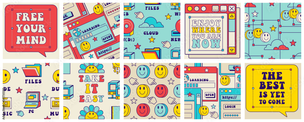 Sticker pack of retro computer elements with motivation slogan. Old ...