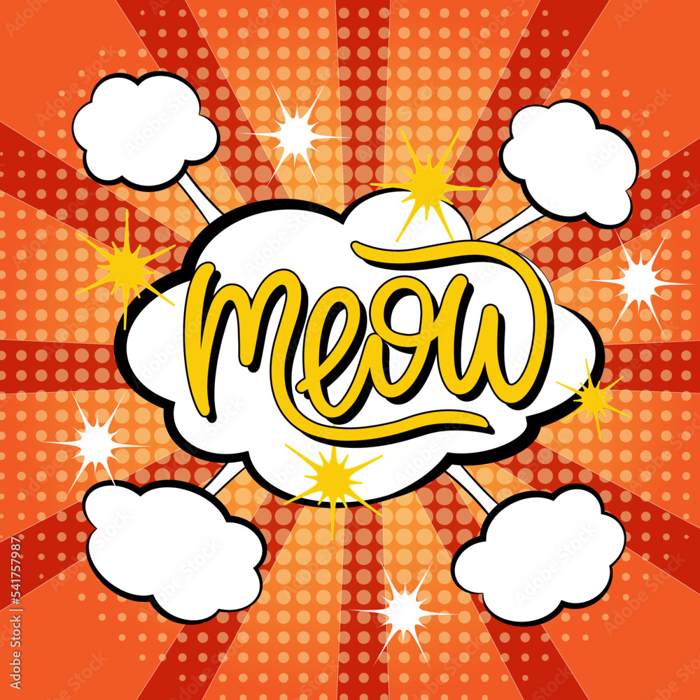 Comic lettering meow. Vector bright cartoon illustration in retro pop ...