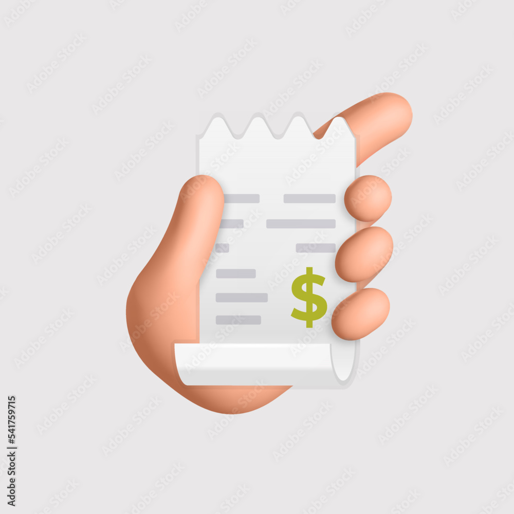 3d vector female hand holds payment bill paper invoice icon design ...