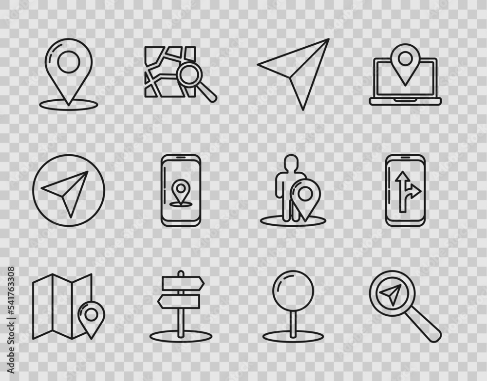 Set line Folded map with location marker, Search, Paper airplane, Road ...