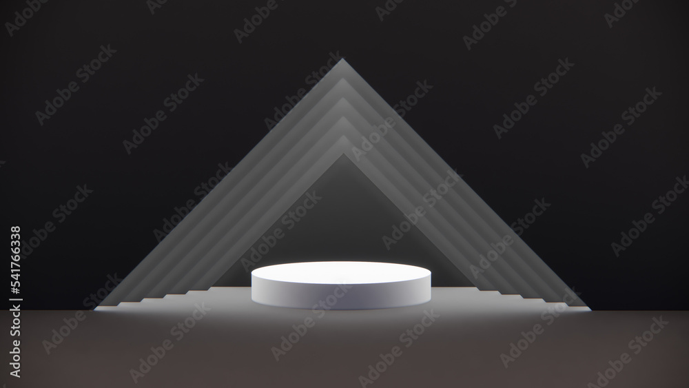 Abstract triangle wall background with 3D white round display stands ...