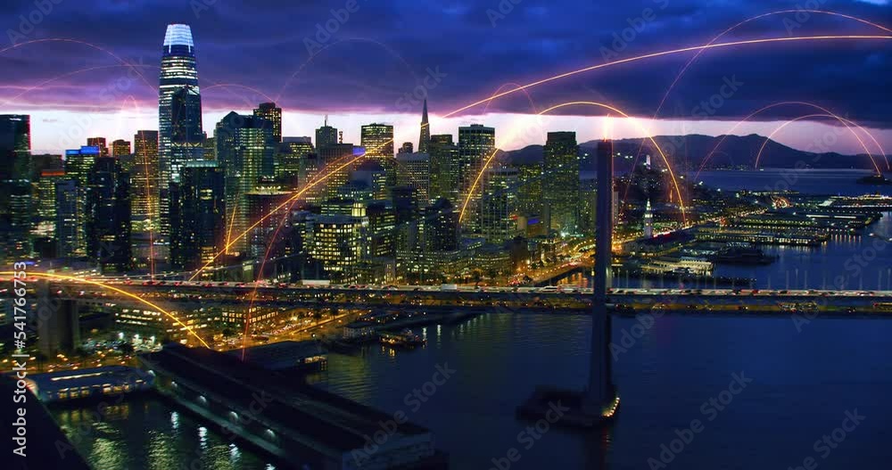 Smart City Aerial Footage Hologram Information Arches Forming During Network Communication ...