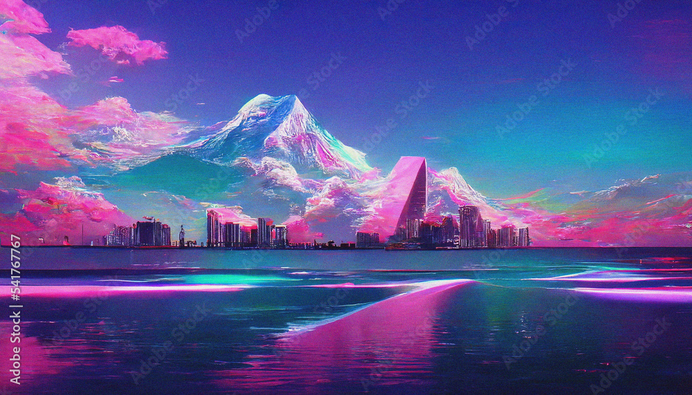 Abstract Retro futuristic sci-fi synthwave landscape in space with stars. Vaporwave stylized ...