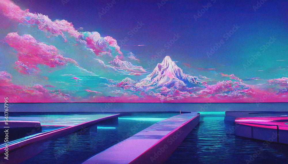 Abstract Retro futuristic sci-fi synthwave landscape in space with ...