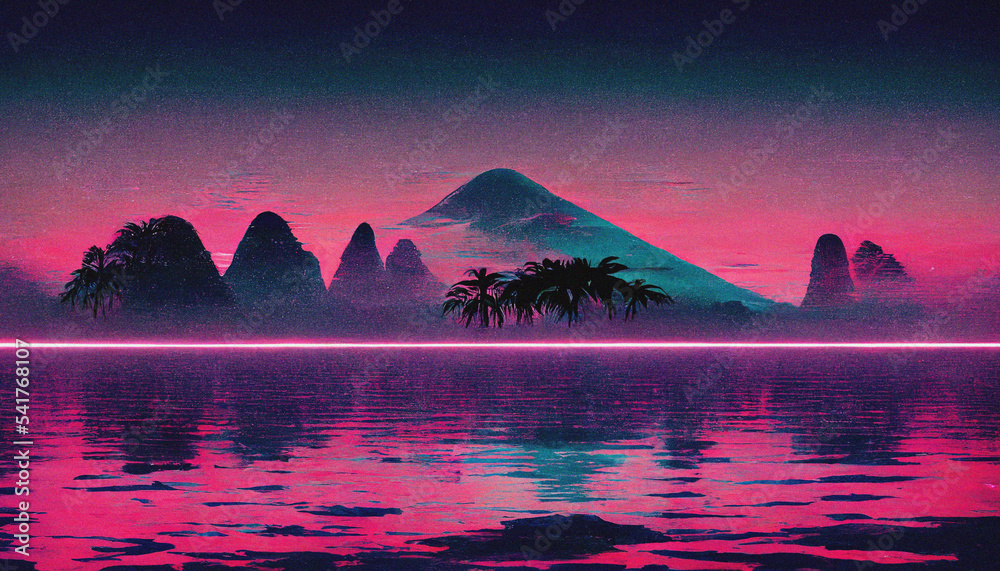 Abstract Retro futuristic sci-fi synthwave landscape in space with ...