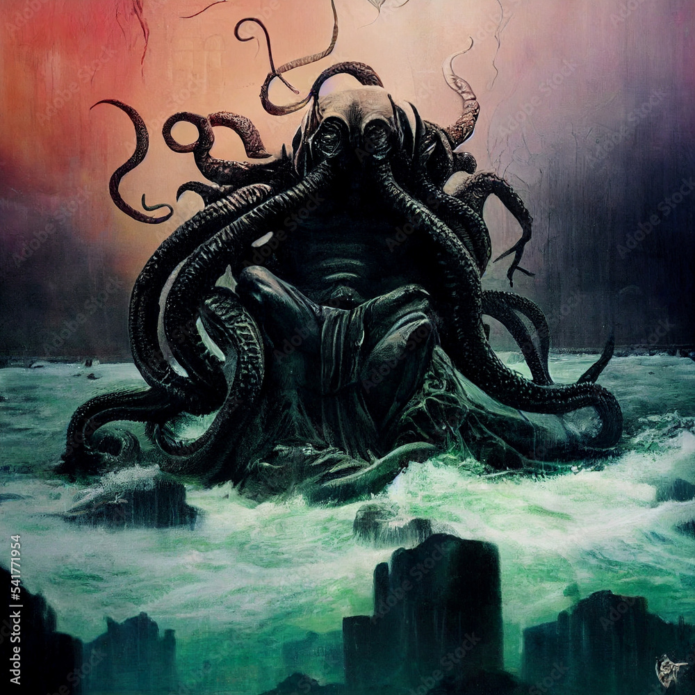 Monstrous creature with many tentacles sitting on a stone throne in the ...