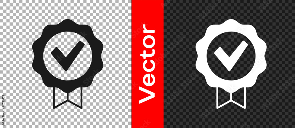 Black Approved or certified medal and check mark icon isolated on ...