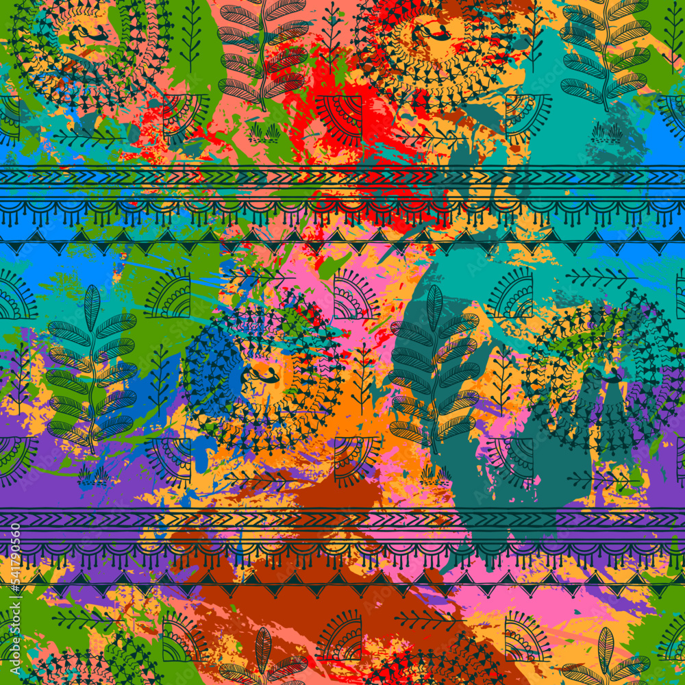 Warli Art painting seamless pattern - hand drawn traditional the ...