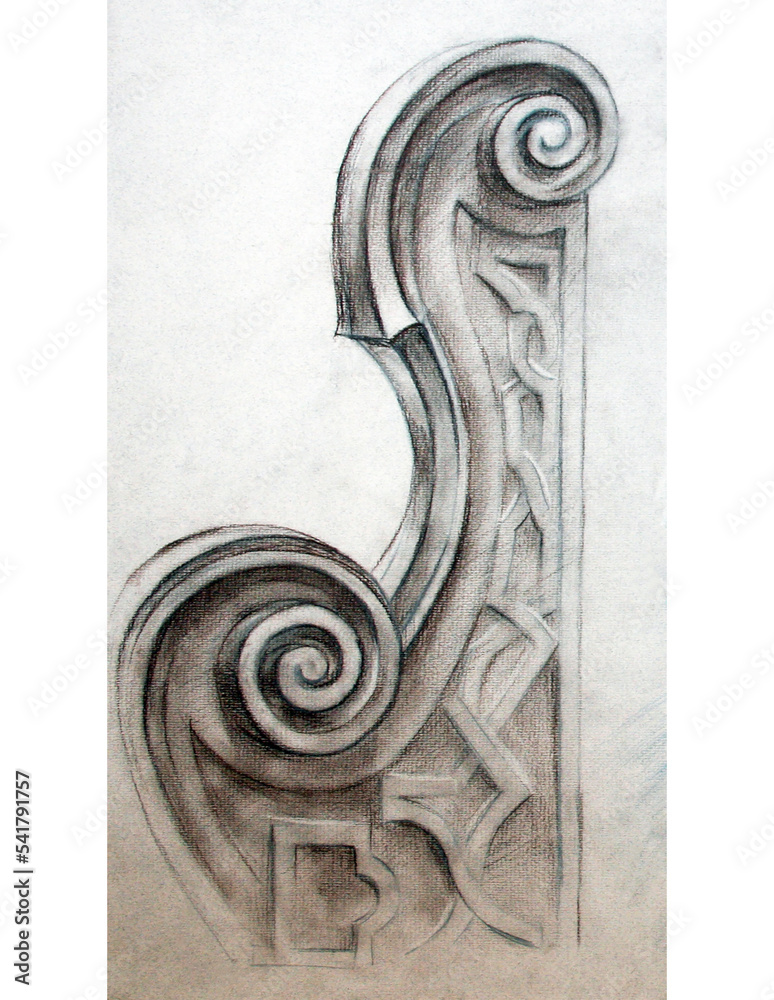 Detail of a church pew. Hand drawn sketch. Brown pencil drawing ...