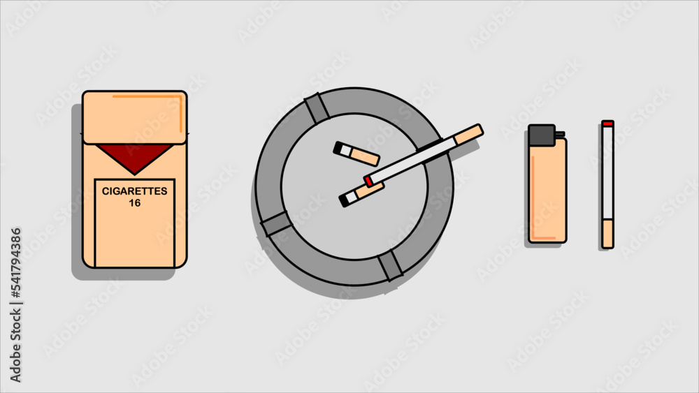 Cigarette icon set with ashtrays, cigarette cases, lighters and burning ...
