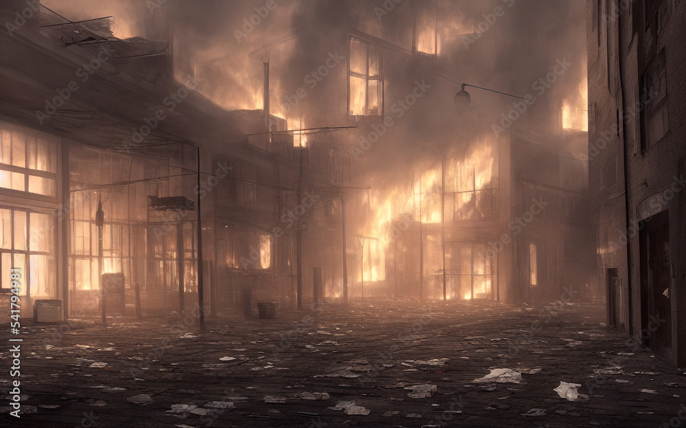 Building on fire burning at night.background, digital matte painting ...