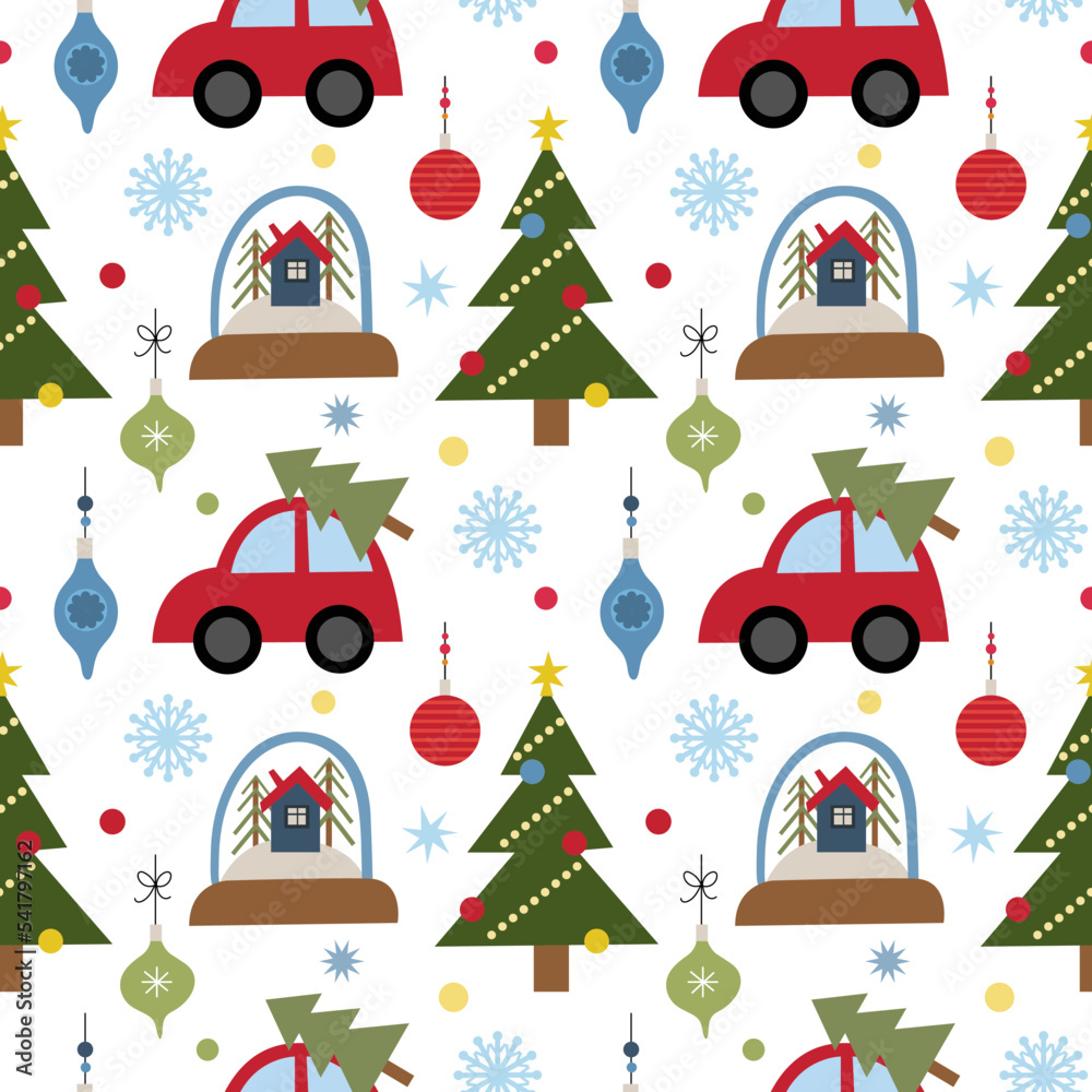 Christmas vector seamless pattern with an illustration of a red car ...