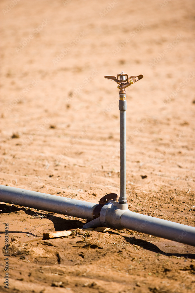 A single sprinkler head from a hand line stands above a dry arid sandy ...