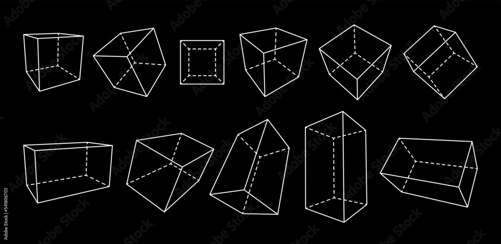 3d geometric outline shapes. Vector cubes and parallelepipeds objects ...
