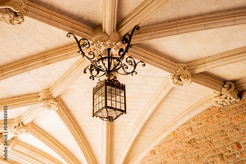 Arched outdoor ceiling with ornate black wrought iron light fixture and ...