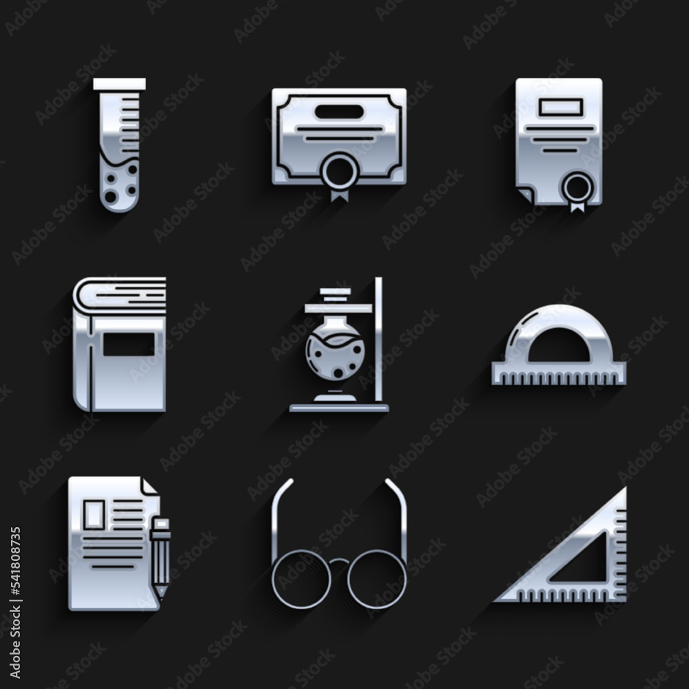 Set Glass test tube flask on fire, Triangular ruler, Protractor grid ...