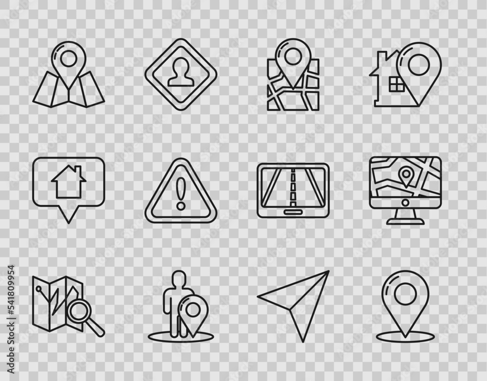 Set line Folded map with location marker, Map pin, silhouette of person, Exclamation triangle ...