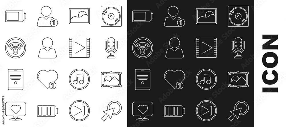 Set line Arrow cursor, Picture landscape, Microphone, Add to friend, Wi ...