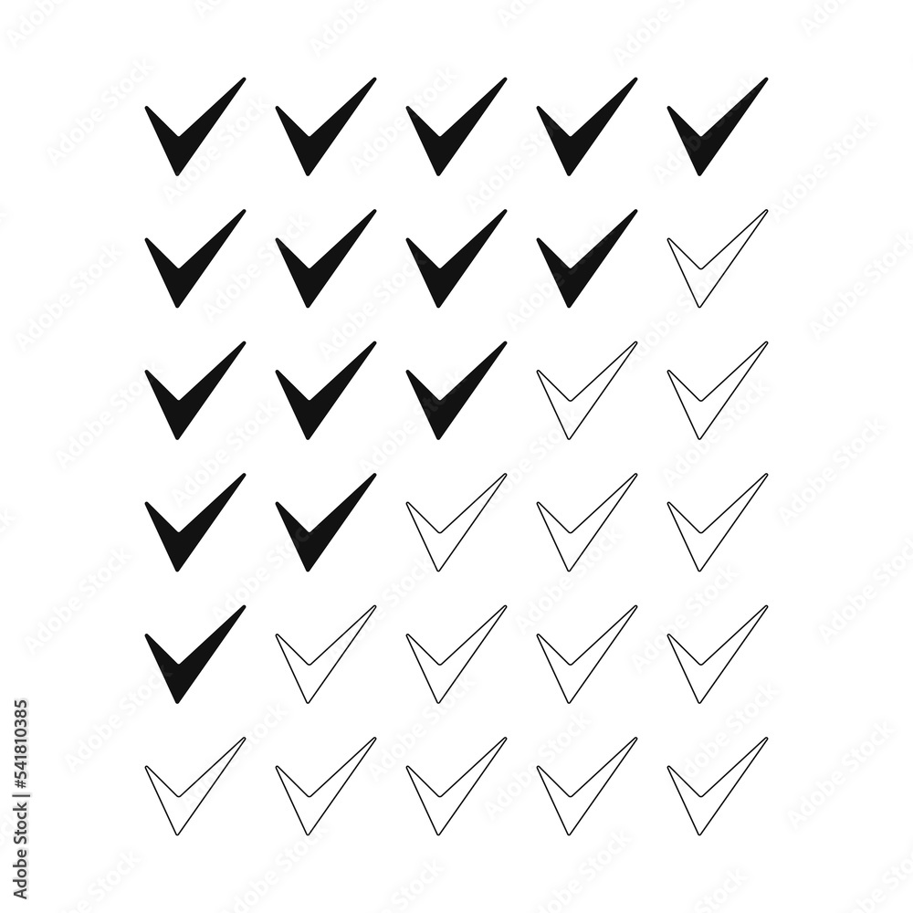 Evaluation with black ticks filled. Quality comparison by checkmarks. Five star rating icons. 5 ...