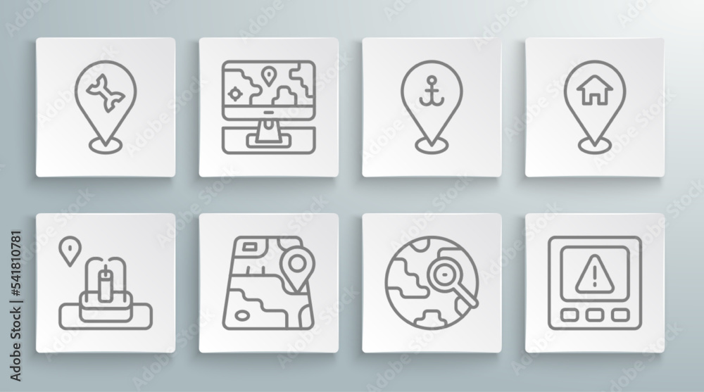 Set line Location with fountain, Monitor location marker, City map ...