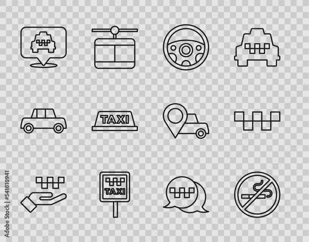 Set line Hand with taxi, No Smoking, Steering wheel, Road sign for ...