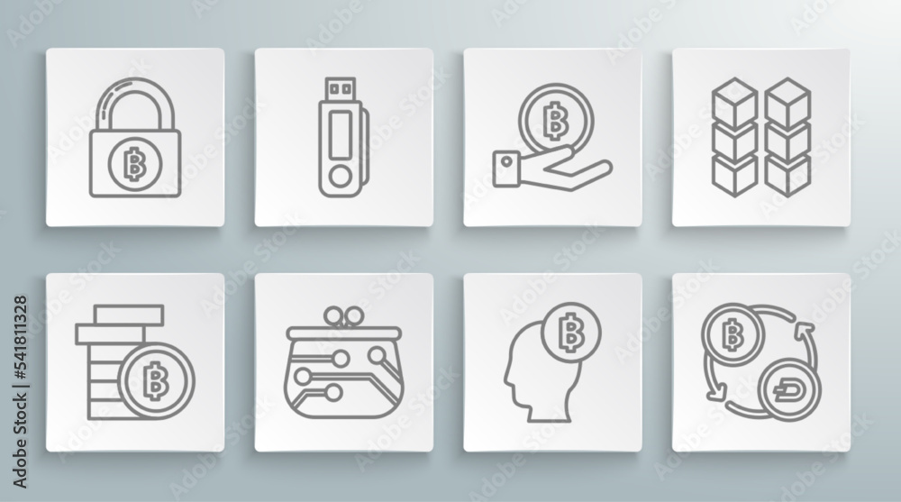 Set line Cryptocurrency coin Bitcoin, USB flash drive, wallet, think ...