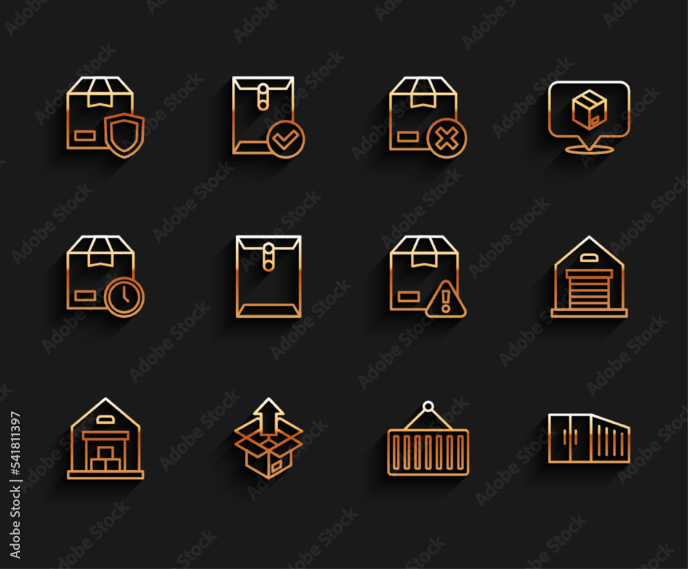 Set line Warehouse, Unboxing, Delivery security with shield, Container on crane, Envelope, and ...