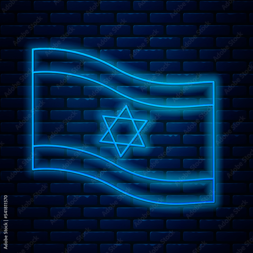 Glowing neon line Flag of Israel icon isolated on brick wall background ...