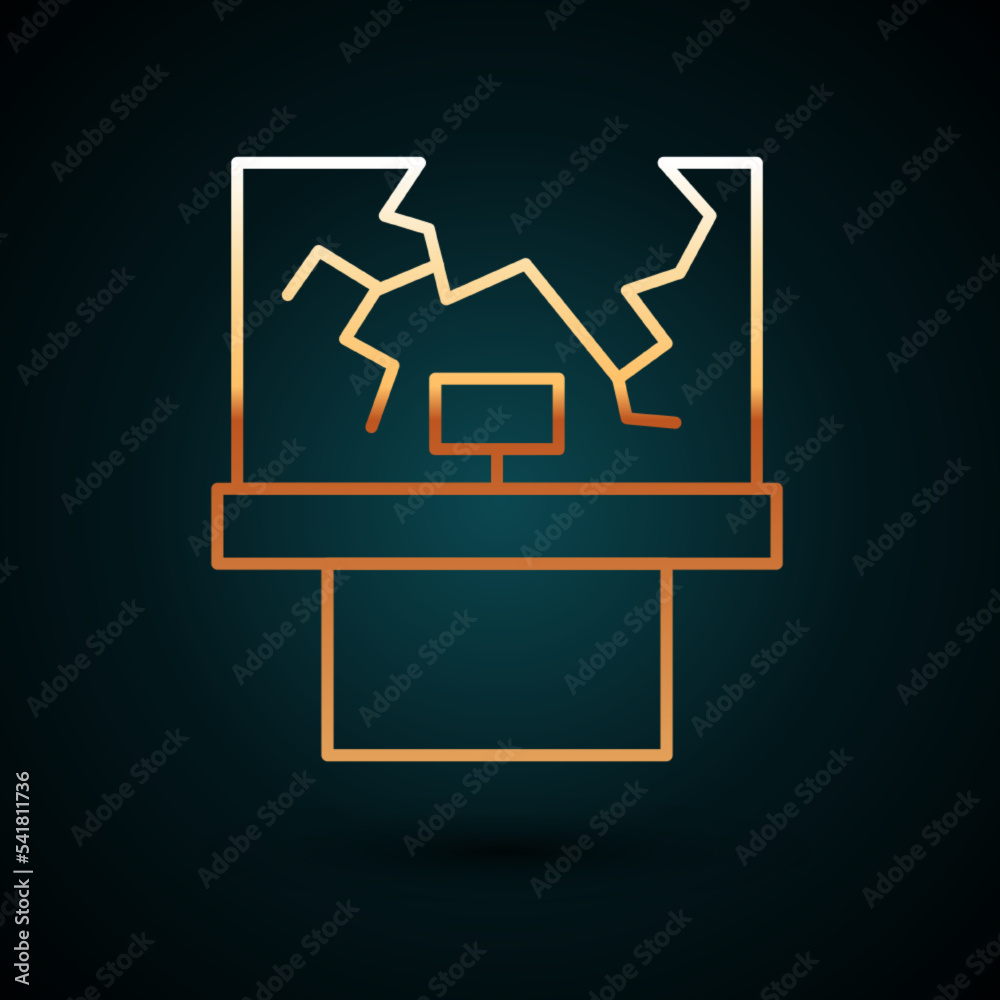 Gold line Broken window icon isolated on dark blue background. Damaged ...