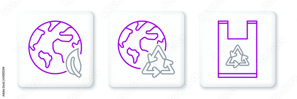 Set line Plastic bag with recycle, Earth globe and leaf and Planet ...