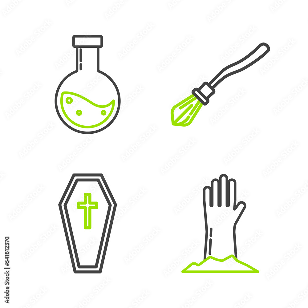 Set line Zombie hand, Coffin with christian cross, Witches broom and ...