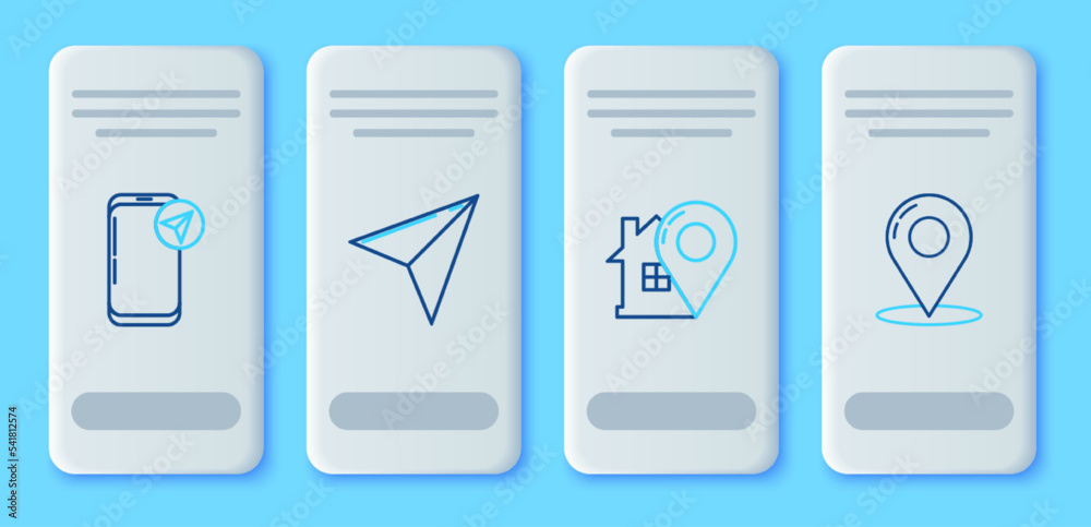 Set line Paper airplane, Map pointer with house, Infographic of city ...