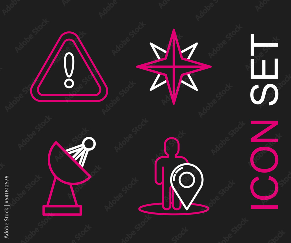 Set line Map marker with a silhouette of a person, Radar, Wind rose and ...
