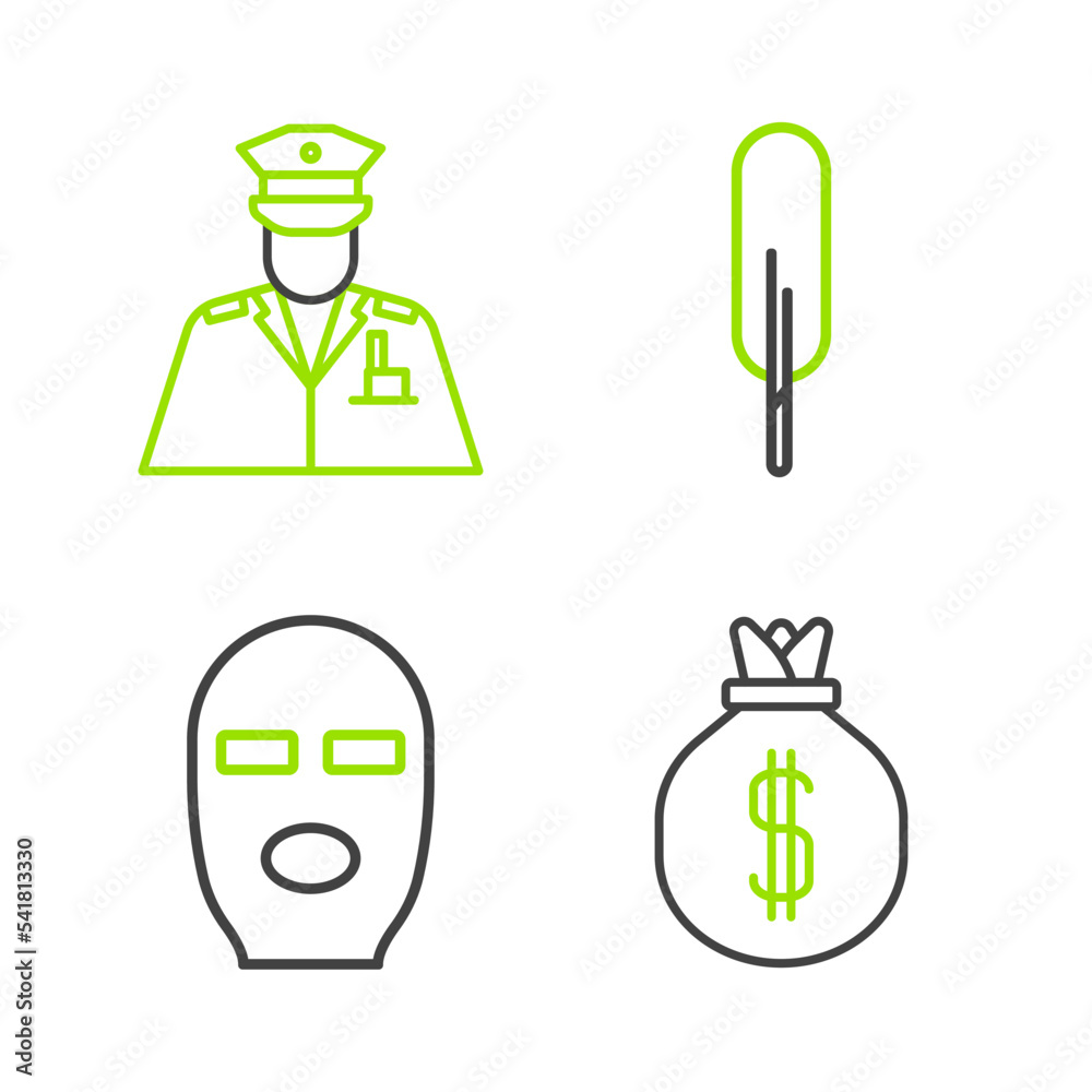 Set line Money bag, Thief mask, Feather pen and Police officer icon ...