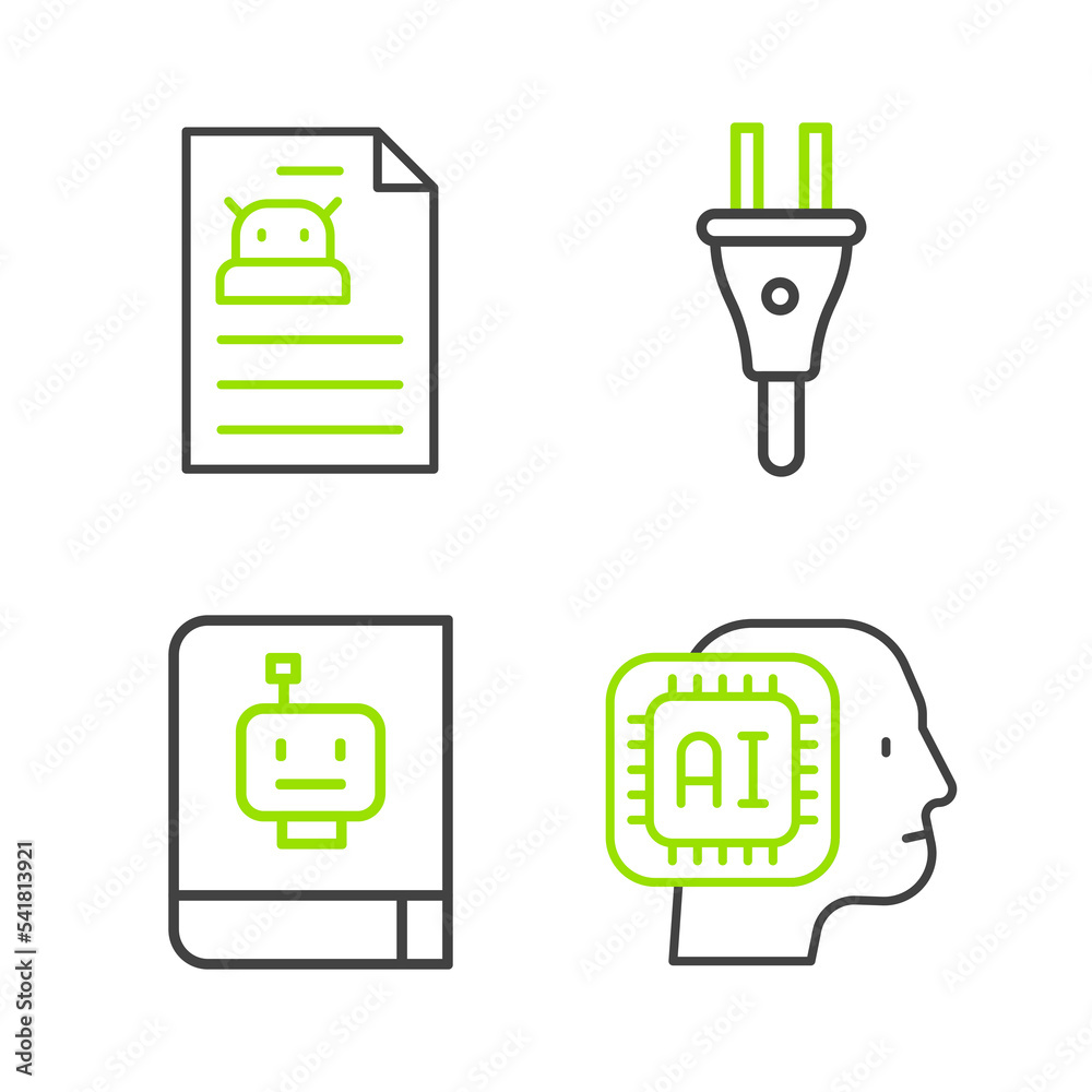 Set line Humanoid robot, User manual, Electric plug and Technical specification icon. Vector ...