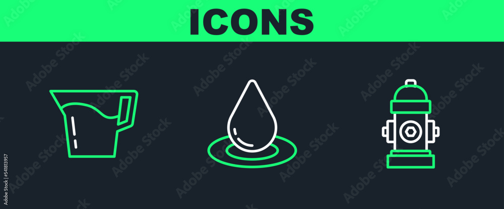 Set line Fire hydrant, Jug glass with water and Water drop icon. Vector ...
