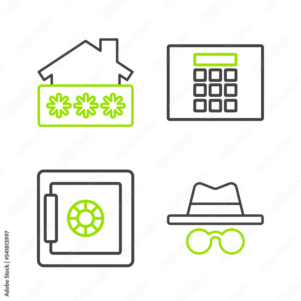 Set line Incognito mode, Safe, Password protection and House with password icon. Vector Stock ...