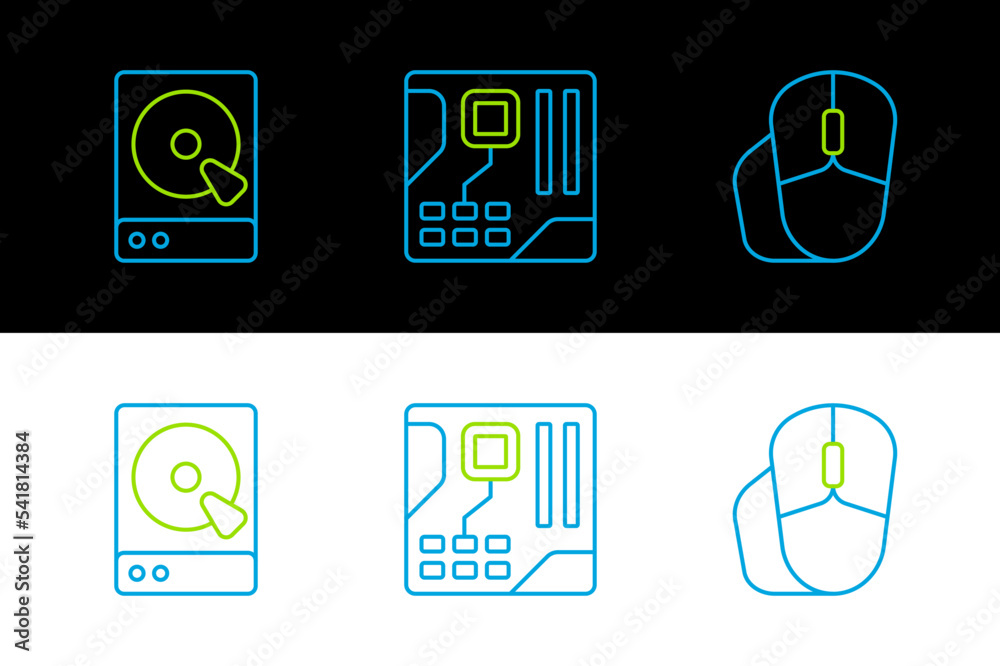 Set line Computer mouse, Hard disk drive HDD and Motherboard digital chip icon. Vector Stock ...