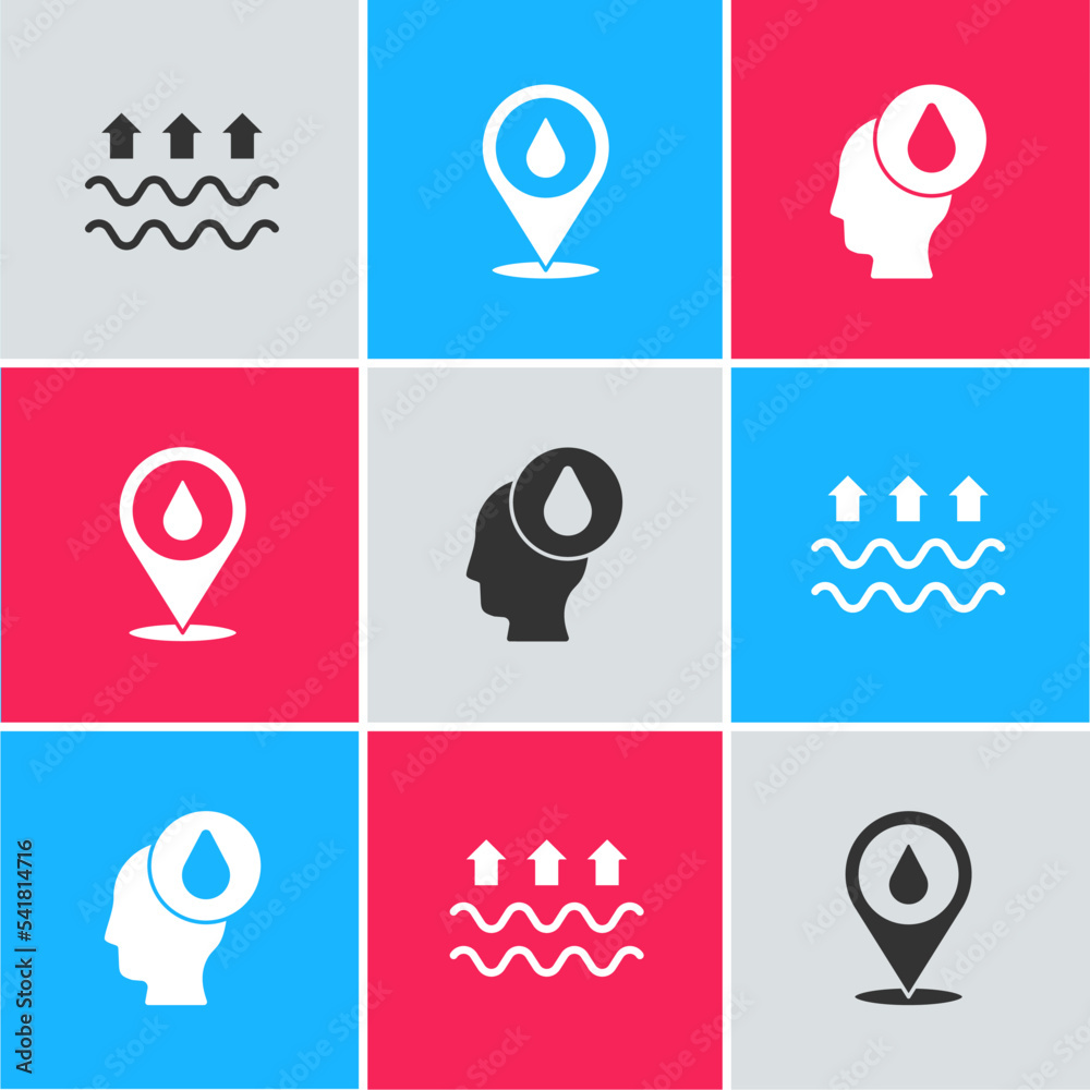 Set Waves of water and evaporation, Water drop with location and icon ...