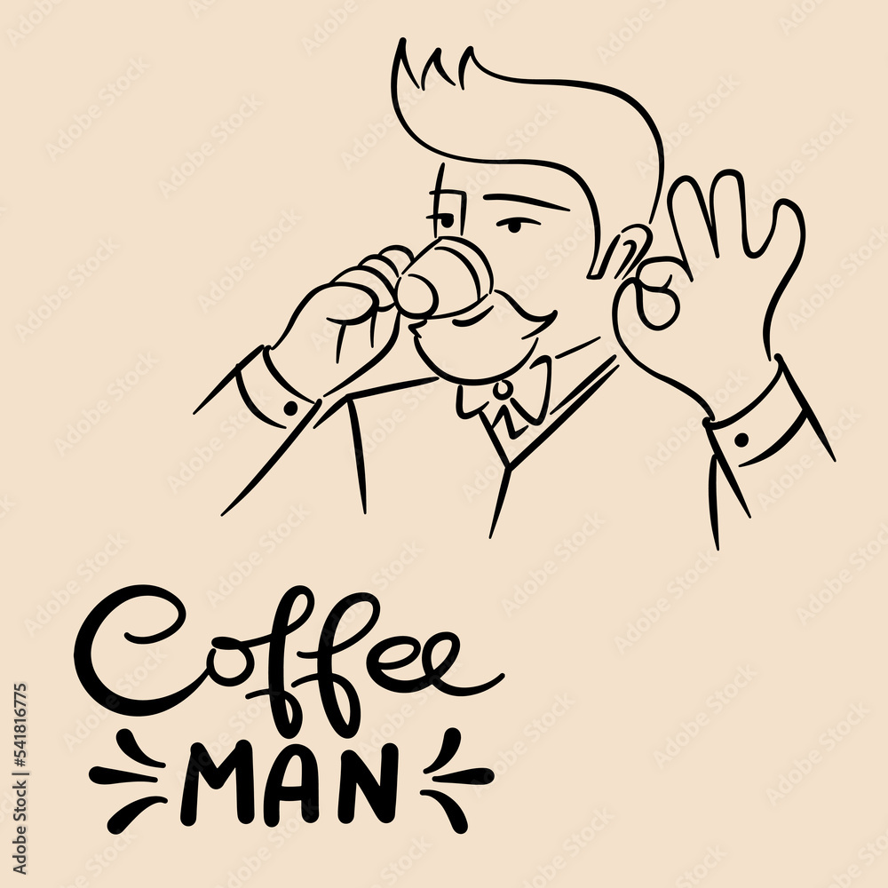 Coffee man vector logo illustration cartoon style. Simple doodle line ...