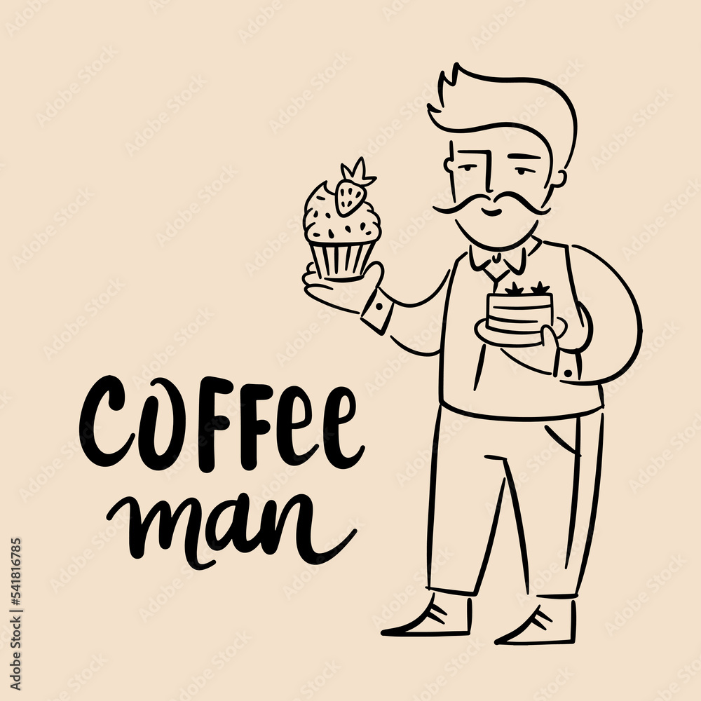 Coffee man vector logo illustration cartoon style. Simple doodle line ...