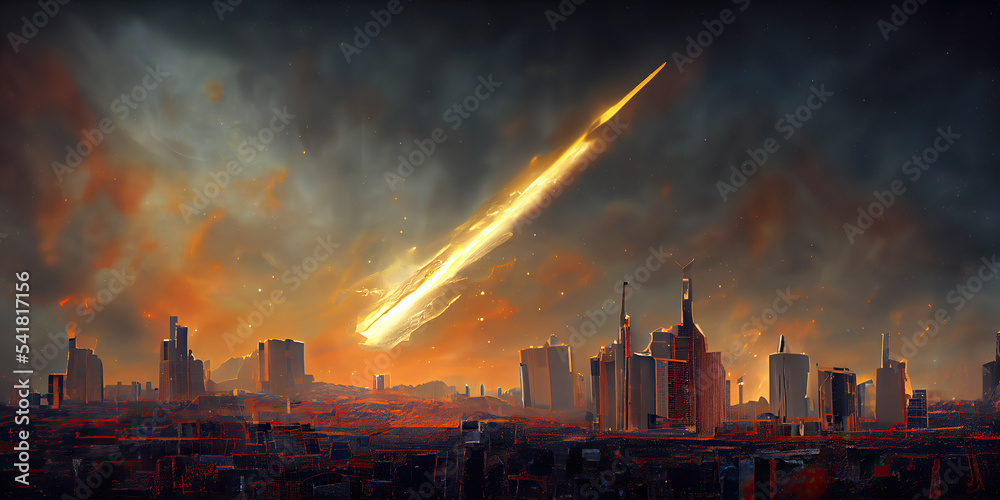 Panoramic sketch 3d illustration of a fiery meteorite about to hit a ...