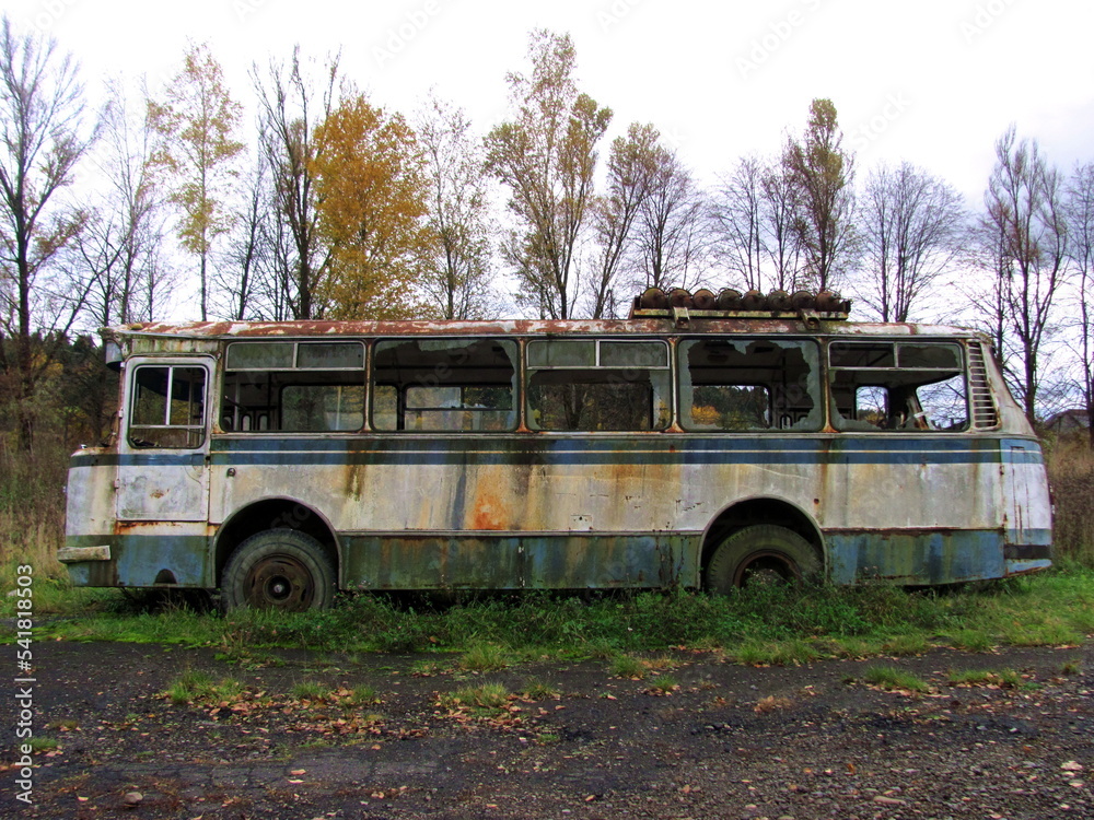 Abandoned destroyed bus on the side of the road in Ukraine Stock Photo ...