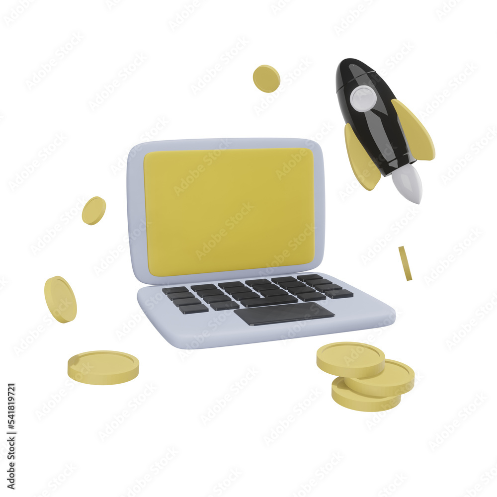 Laptop with rocket isolated on transparent background. Coins, crypto ...