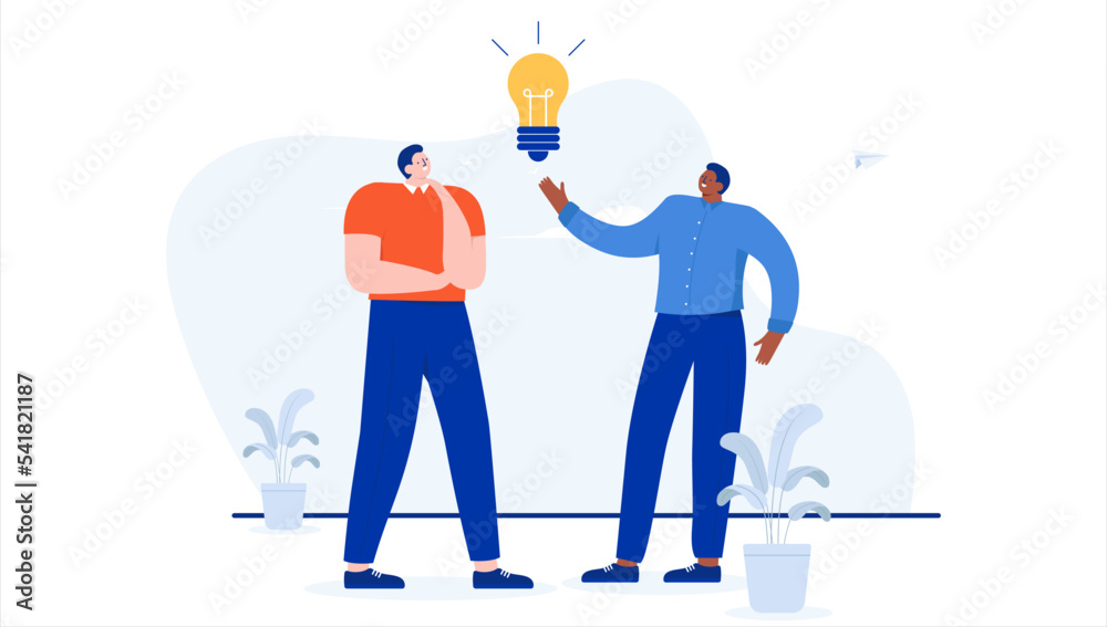 Idea - Two men in office working on ideas with lightbulb. Flat design ...