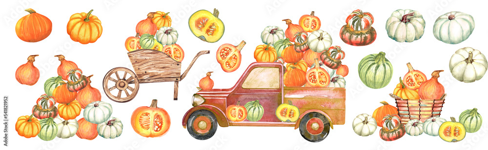 Pumpkin farm, truck clip art. Autumn mood. Isolated elements on a white ...