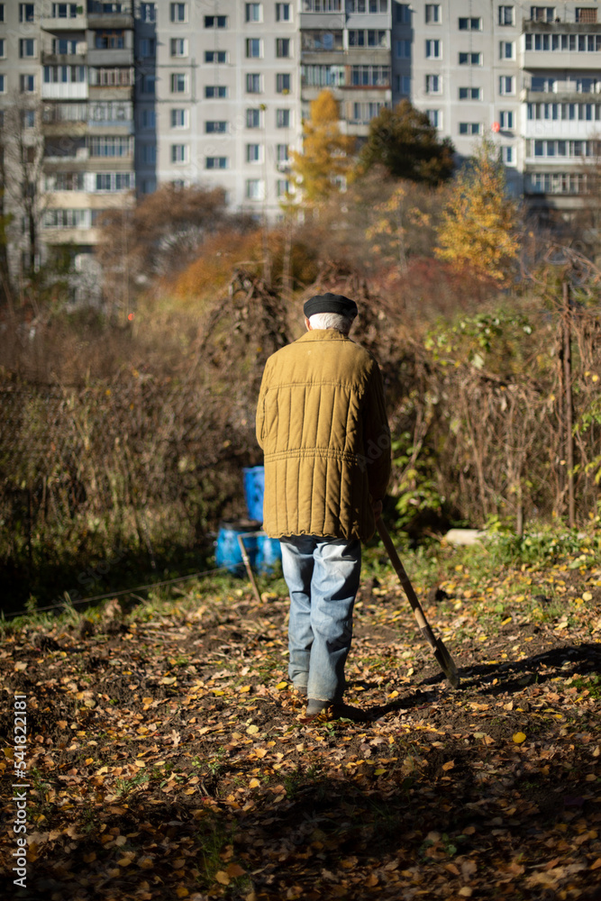 Russian old man in garden. Grandpa works on land. Pensioner works ...