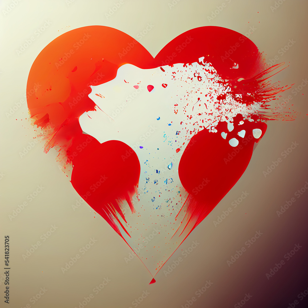 Red heart. Paint splatter effect on the wall. Digital illustration ...