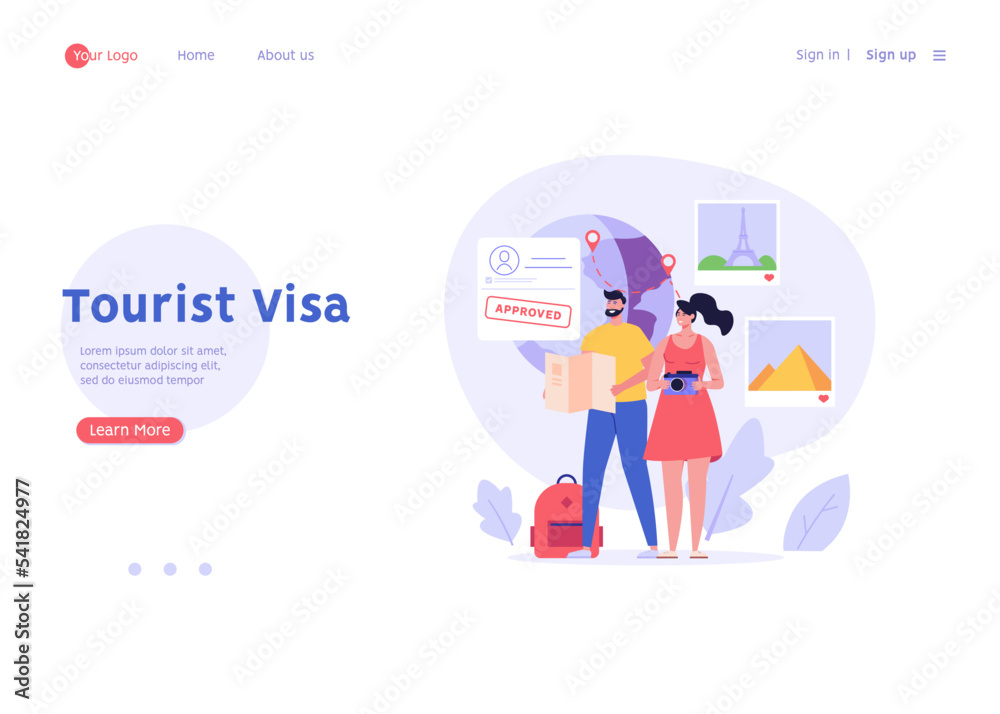 Concept of tourist visa, travel, approved visa, tourist guide. Young ...