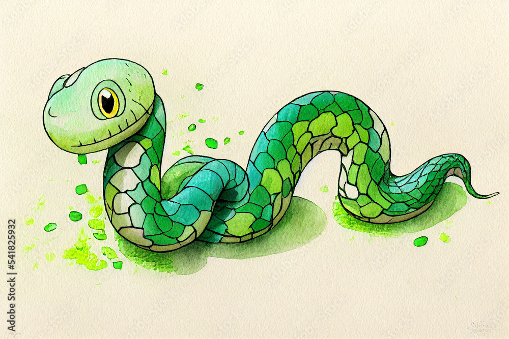 Cute green snake of watercolor animal in cartoon style on isolated ...